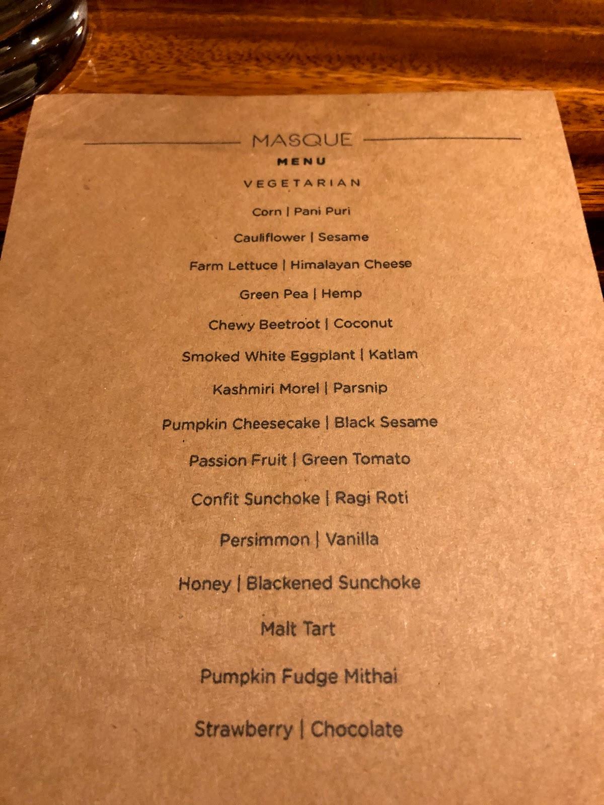 Menu at Masque, Mumbai