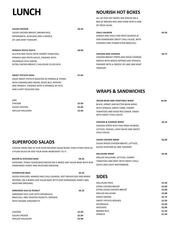 Menu at Nourish cafe, Wilmslow