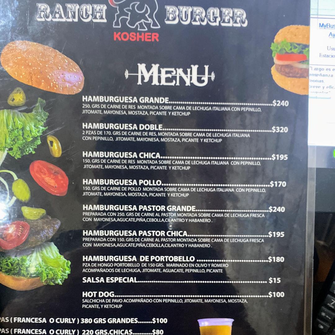 Menu at Ranch Burger Kosher restaurant, Mexico City