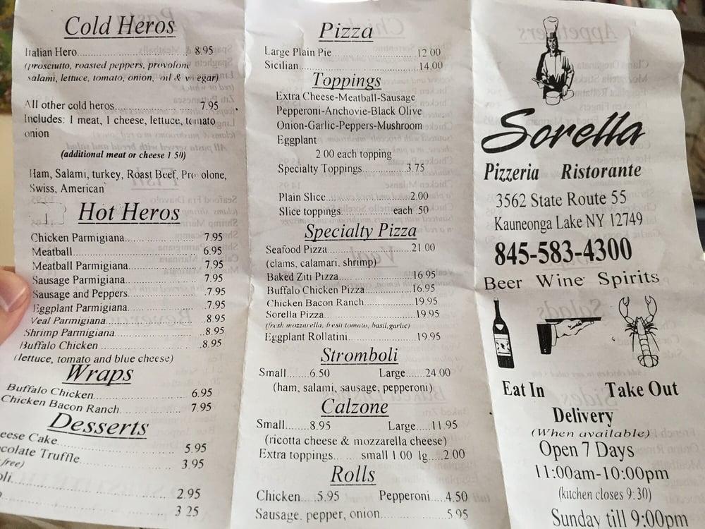 Menu at Sorella pizzeria, Kauneonga Lake