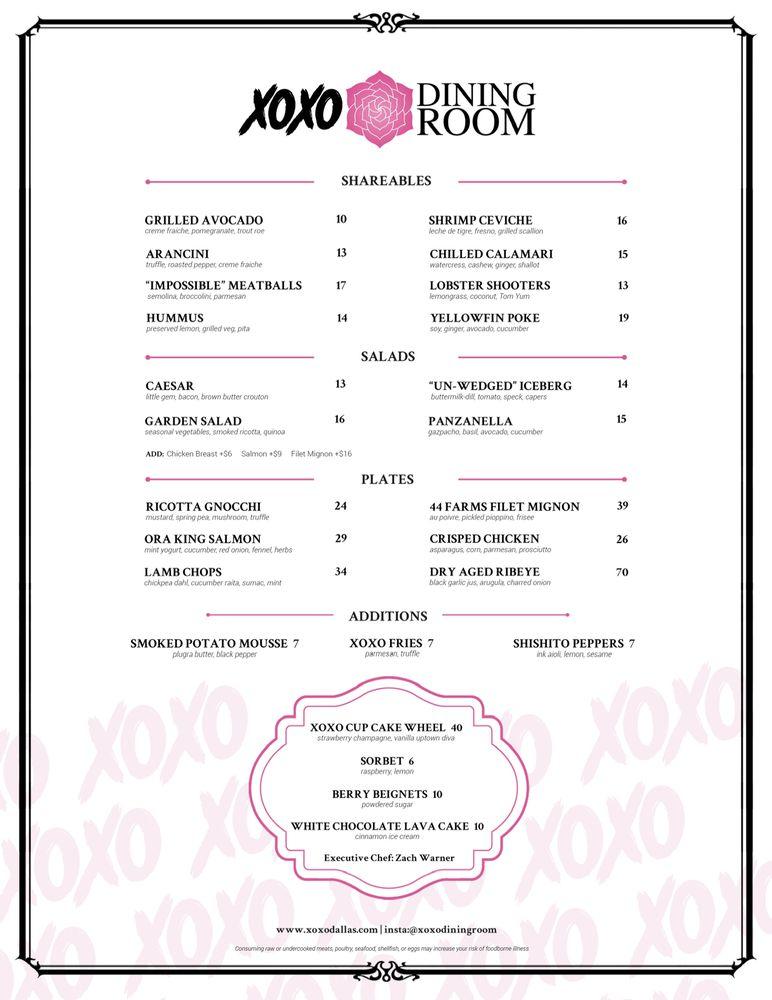 Menu at XOXO Dining Room restaurant, Dallas