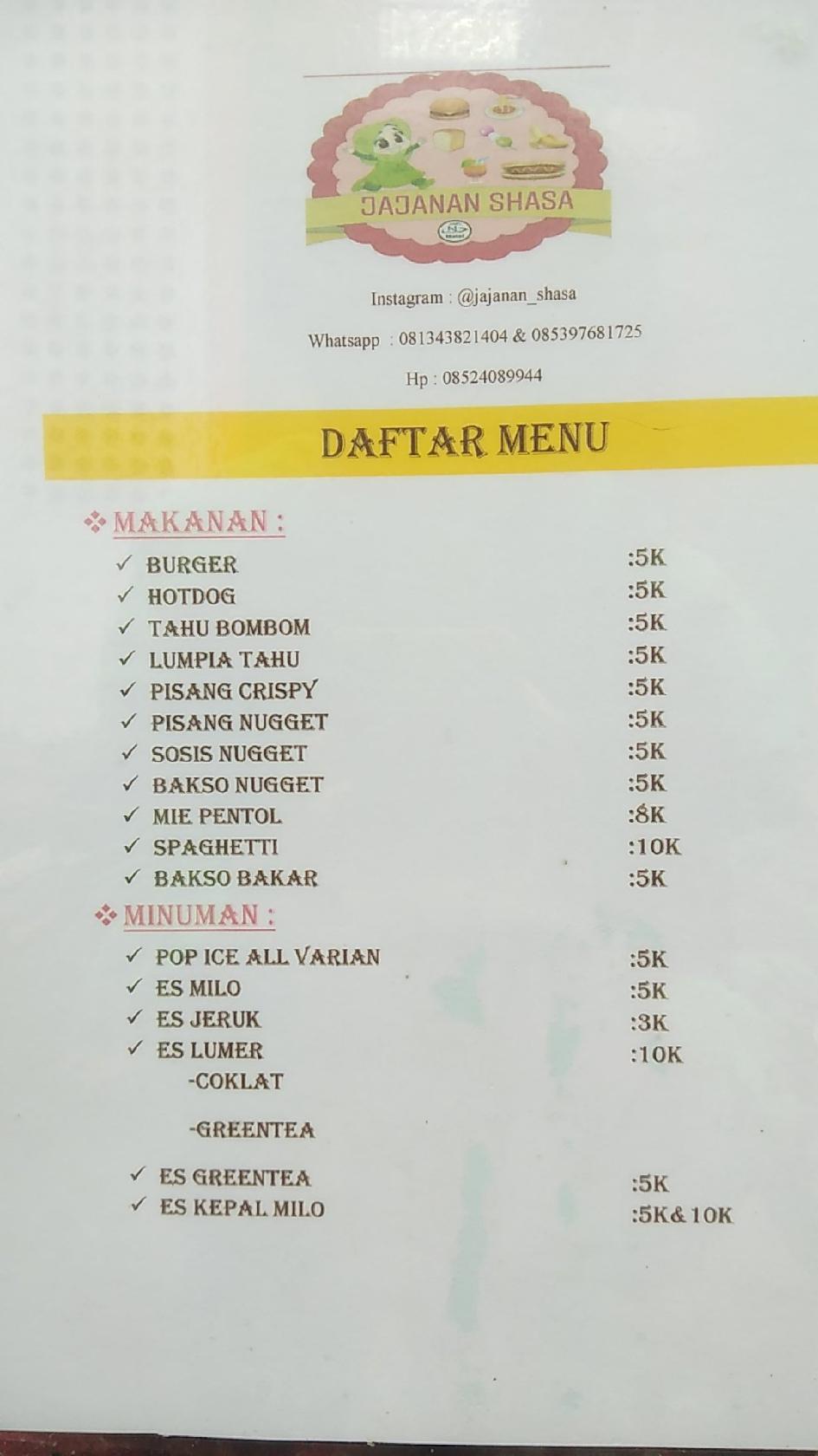 Menu at jajanan sasa pub & bar, Parepare