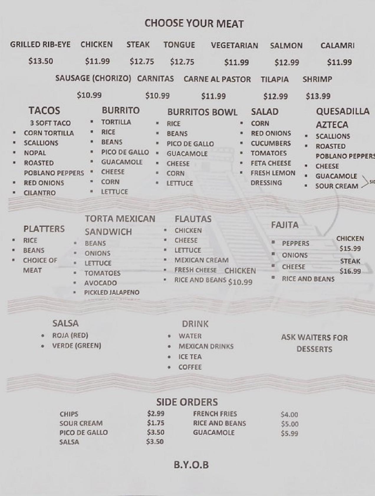 Menu at Azteca restaurant, Rutherford