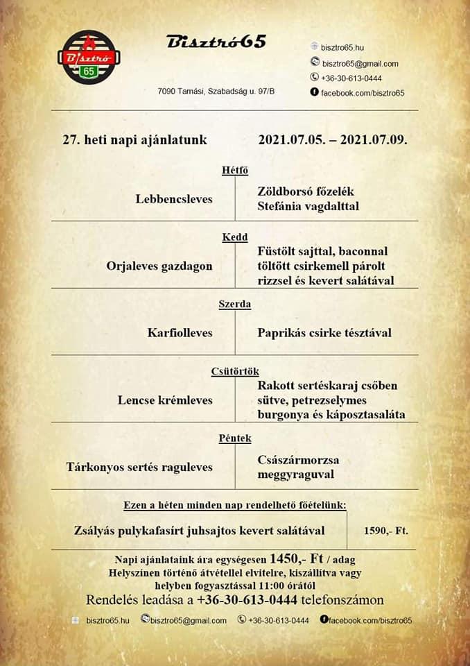 Menu at Bisztró 65 restaurant, Tamási