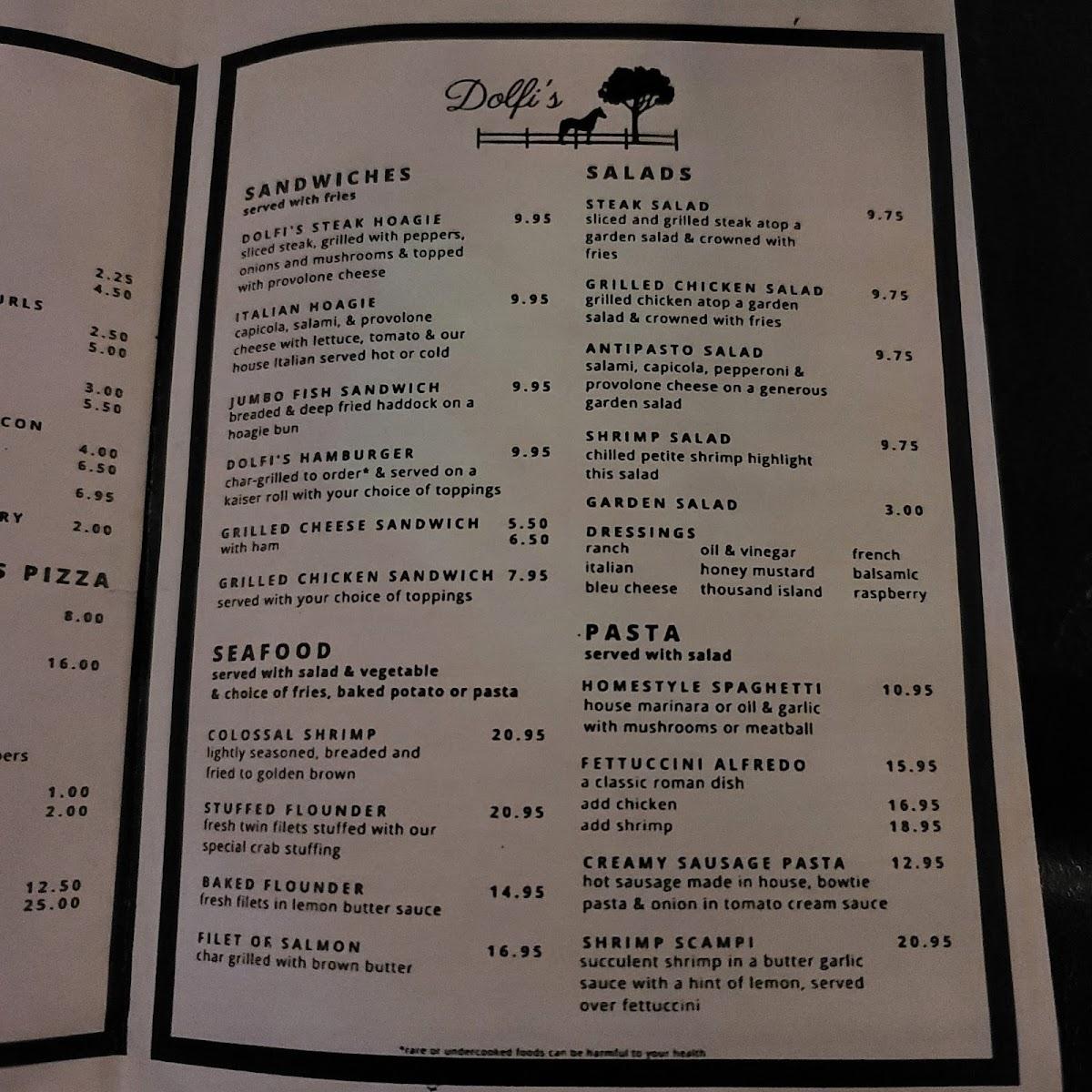 Menu at Dolfi's steakhouse, Masontown