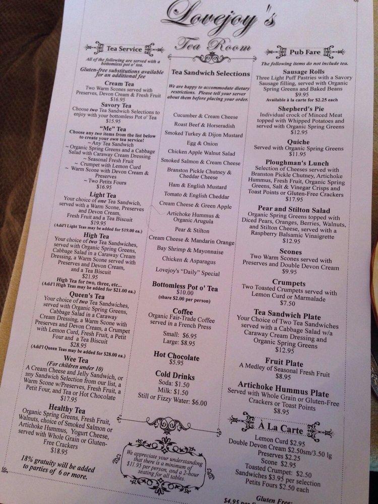 Menu at Lovejoy's Tea Room cafe, San Francisco