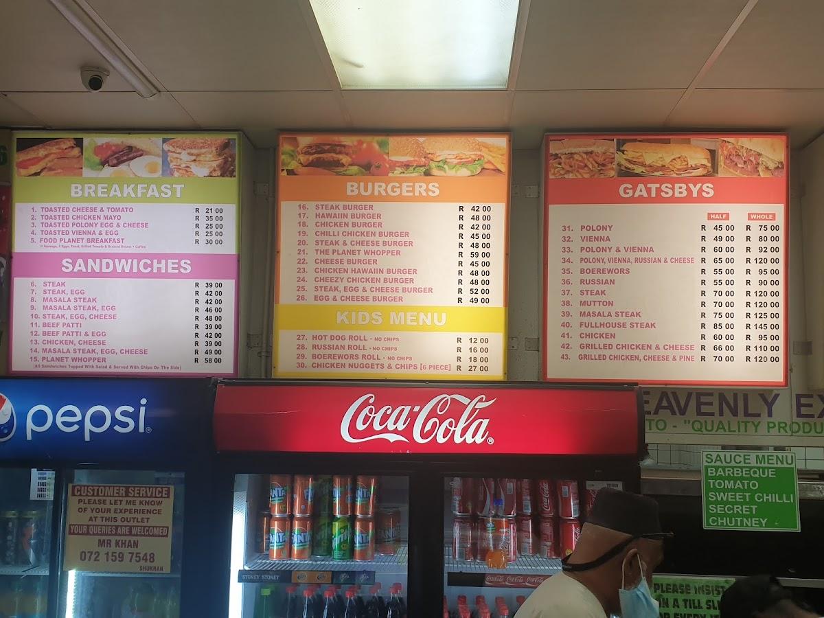 Menu at The Food Planet restaurant, Cape Town, 1 De Kock St