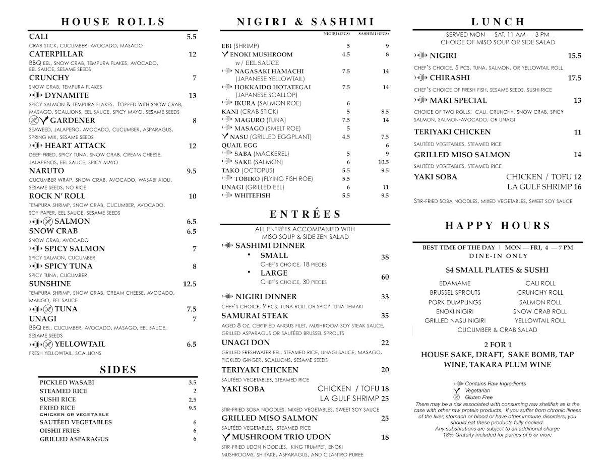 Menu at Umami Japanese Bistro restaurant, Baton Rouge