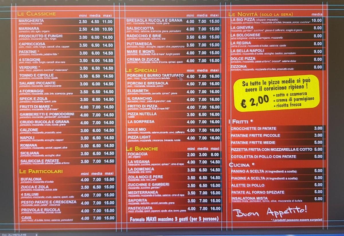 Menu da BIG PIZZA pizzeria, Intra