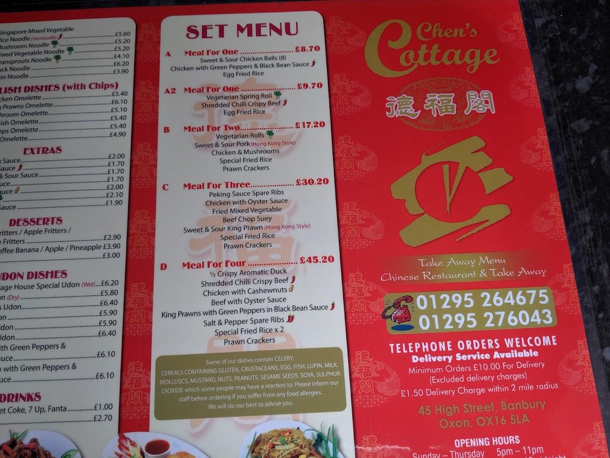 Menu at Chen's Cottage restaurant, Banbury