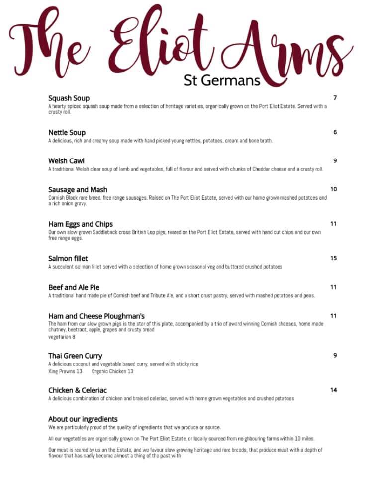 Menu at Eliot Arms pub & bar, Saint Germans
