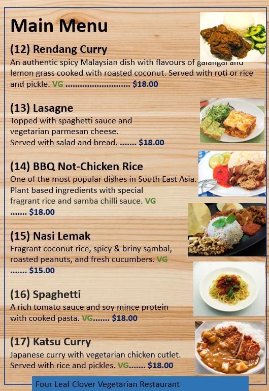 Menu at Four Leaf Clover Vegetarian Restaurant, Timaru