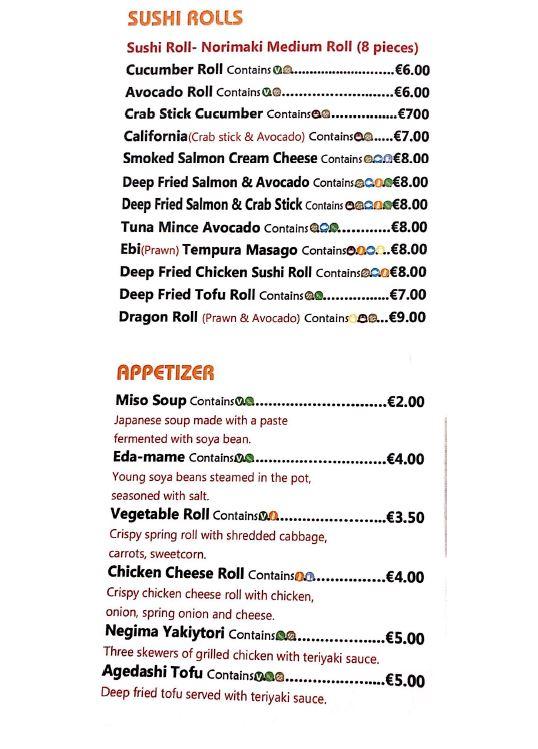 Menu at Nikko restaurant, Drogheda