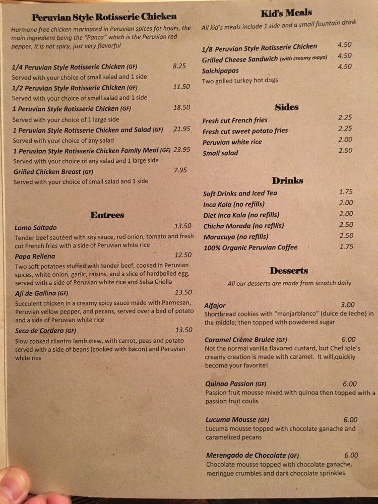 Menu at Panca Peruvian Cuisine & Rotisserie restaurant, Oceanside