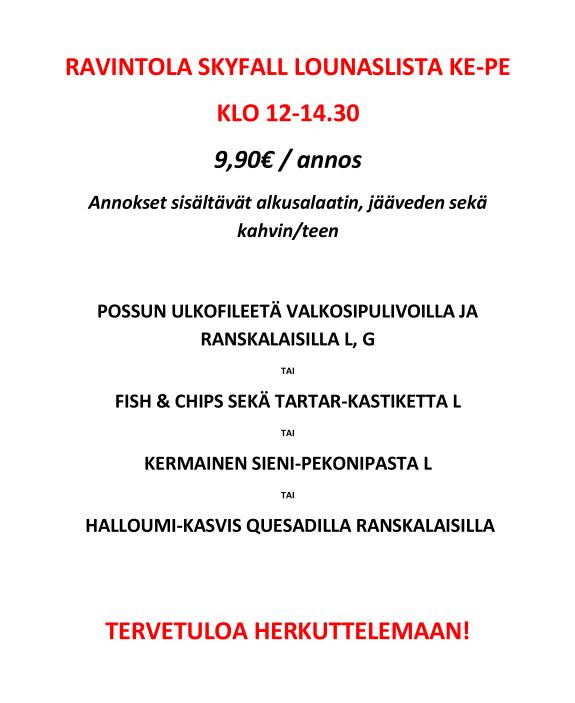 Menu at Skyfall restaurant, Pyhtää