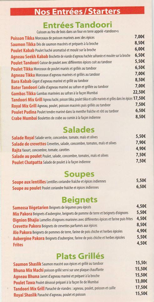 Menu at Royal Raj Mahal restaurant, Paris, 41 Rue Dauphine
