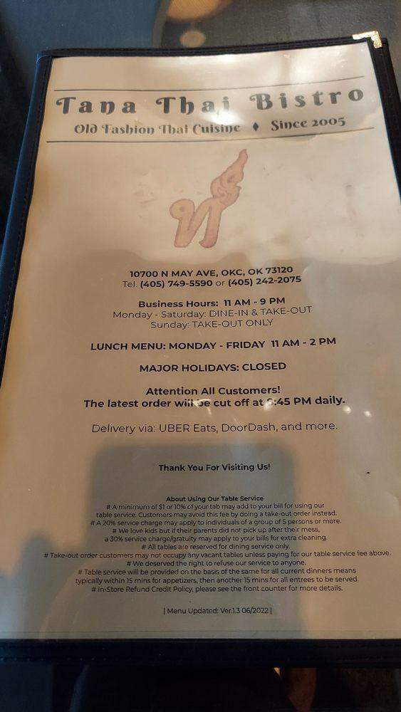 Menu at Tana Thai Bistro restaurant, Oklahoma City