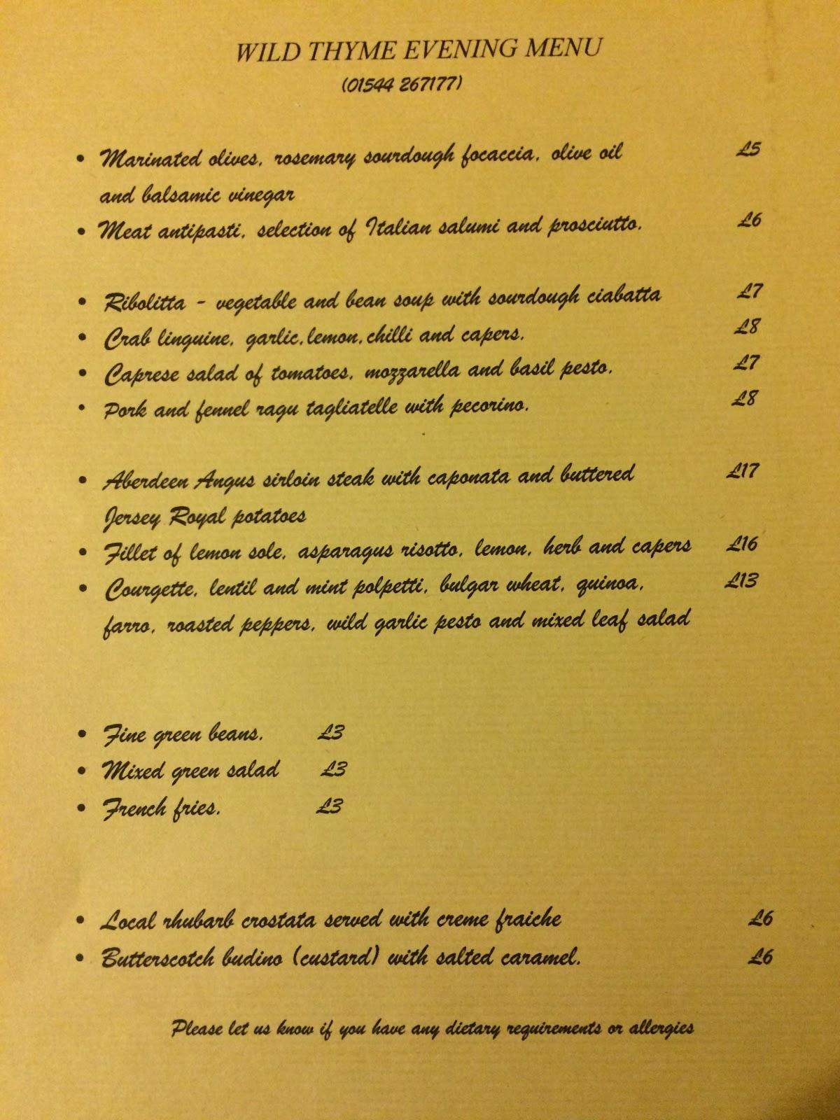 Menu at Wild Thyme Italian restaurant, Presteigne