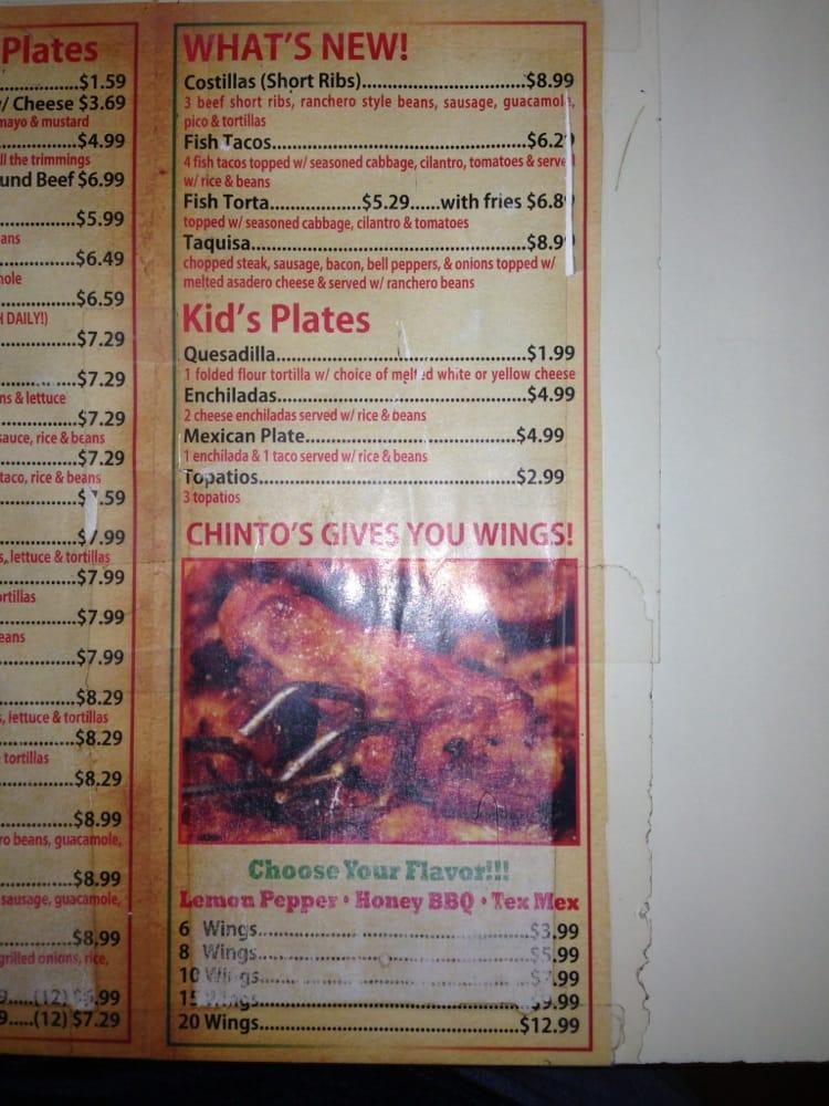 Menu at Chinto's Super Taco restaurant, Del Rio
