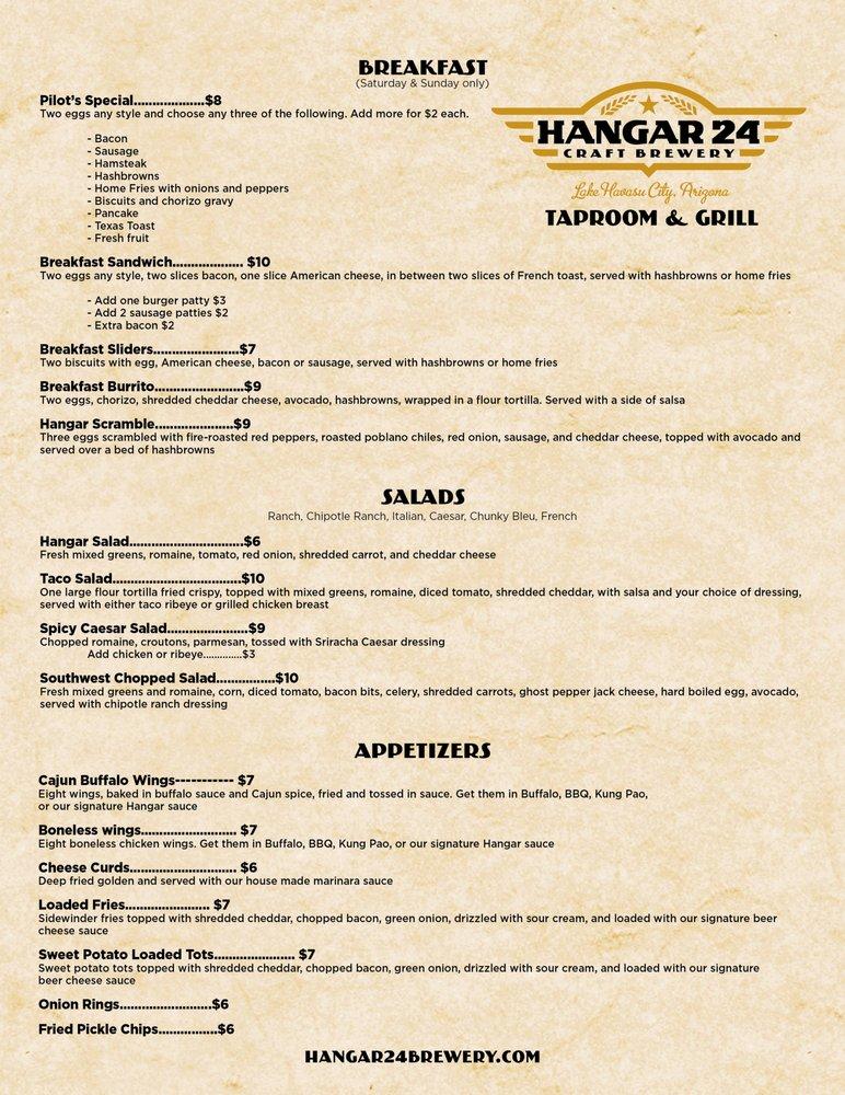 Menu at Hangar 24 Lake Havasu pub & bar, Lake Havasu City