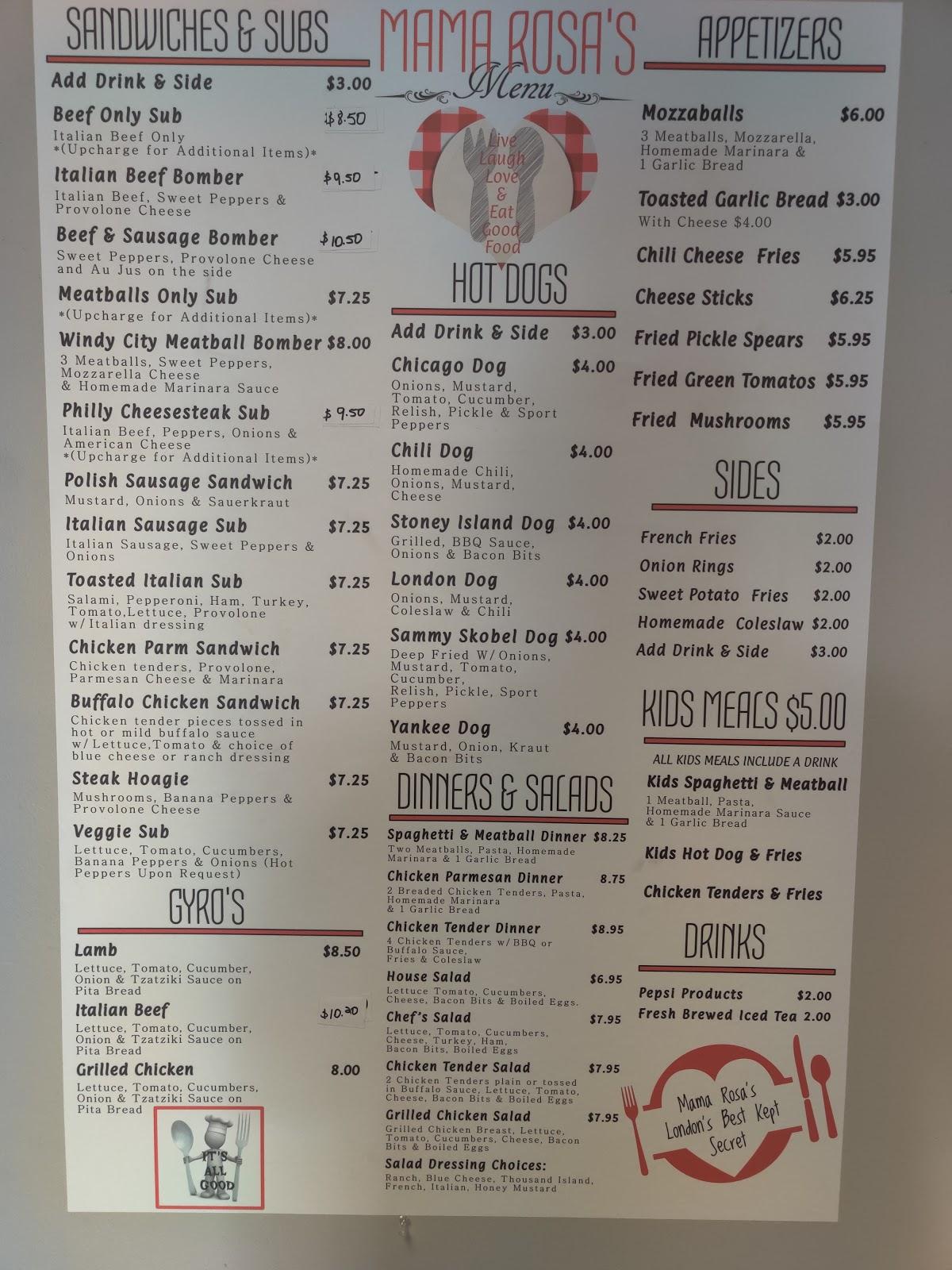 Menu at Mama Rosa's Chicago Sandwich restaurant, London