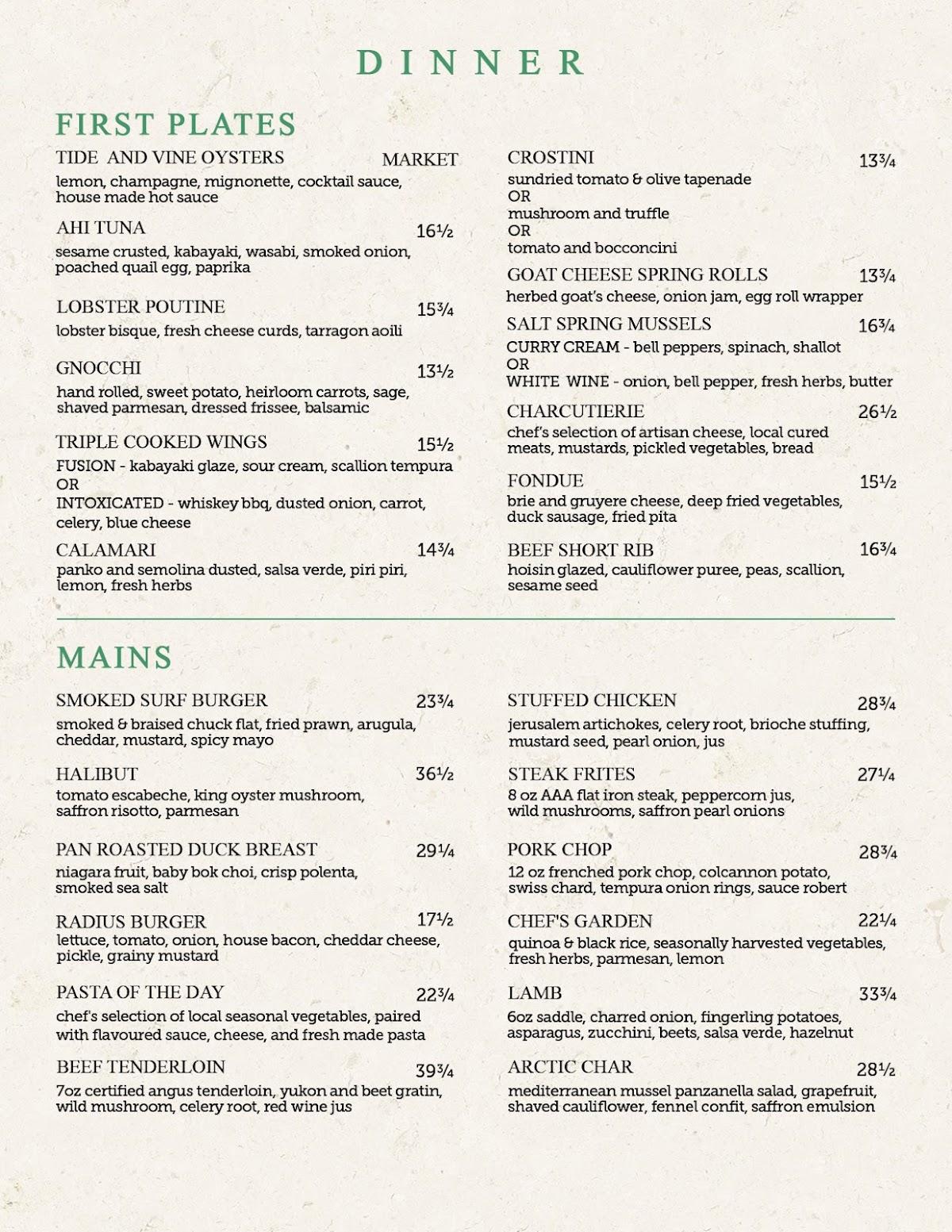 Menu at radius restaurant, Hamilton