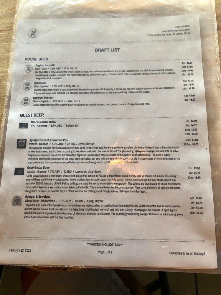 Menu at Red Pig Brewery pub & bar, Holly Hill