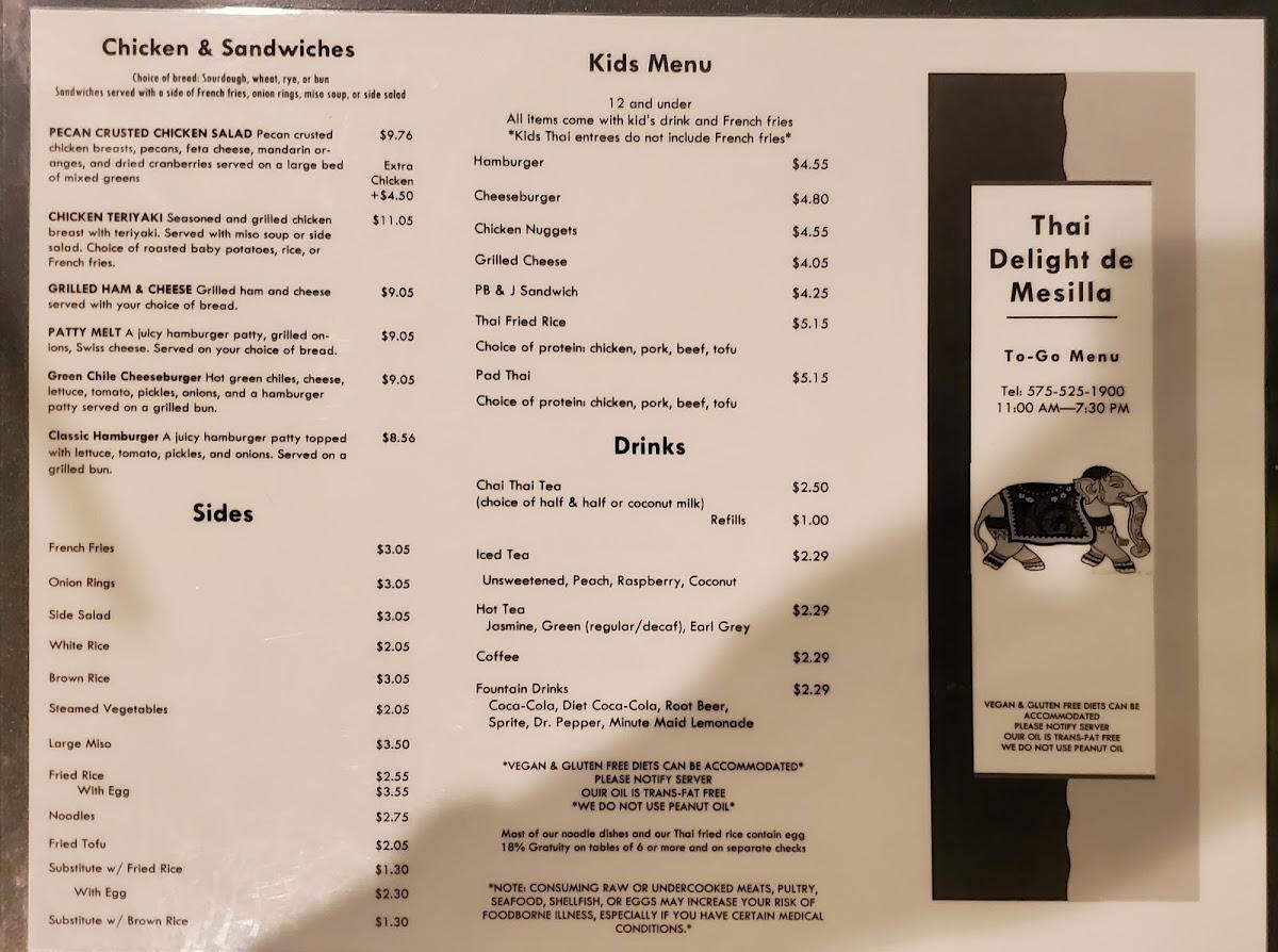 Menu at Thai Delight restaurant, Mesilla