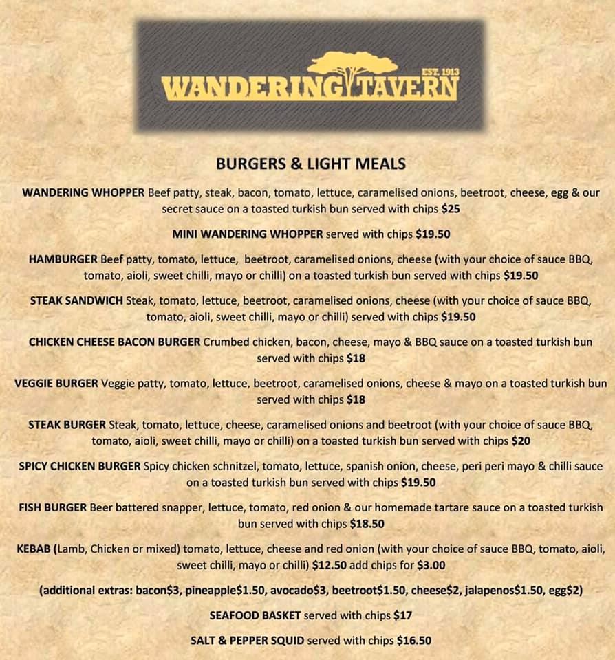 Menu at Wandering Tavern pub & bar, Wandering