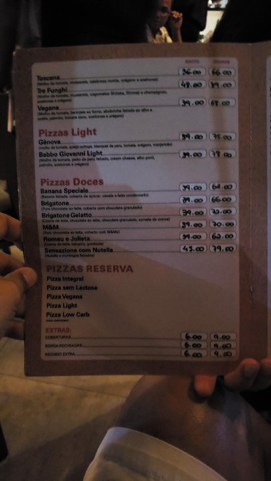 Menu at Babbo Giovanni pizzeria, Cabo Frio, Av. Nilo Peçanha