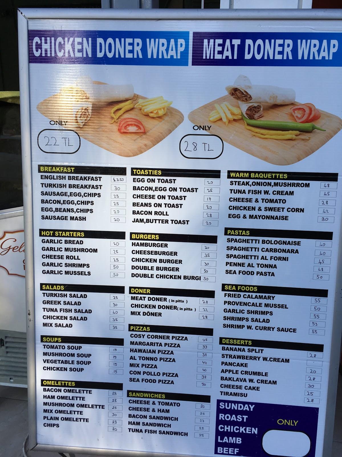 Menu at Billy's Cosy Corner, Marmaris, 130. Sk.