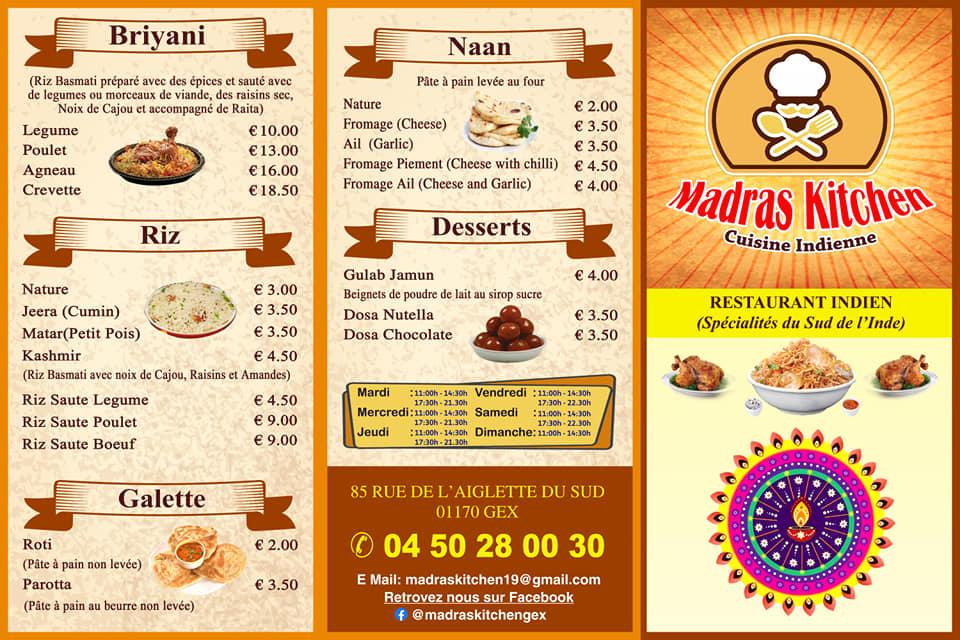 Menu at MADRAS KITCHEN et RIa Money Transfer restaurant, Gex