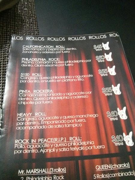 Menu at Maki Rock restaurant, Tuxtla Gutiérrez