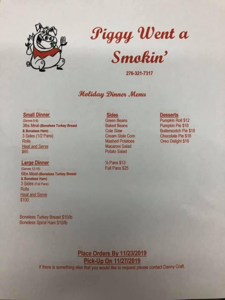 Menu at Piggy Went a Smokin BBQ and Catfish, Wise, -6898 Orby Cantrell Hwy