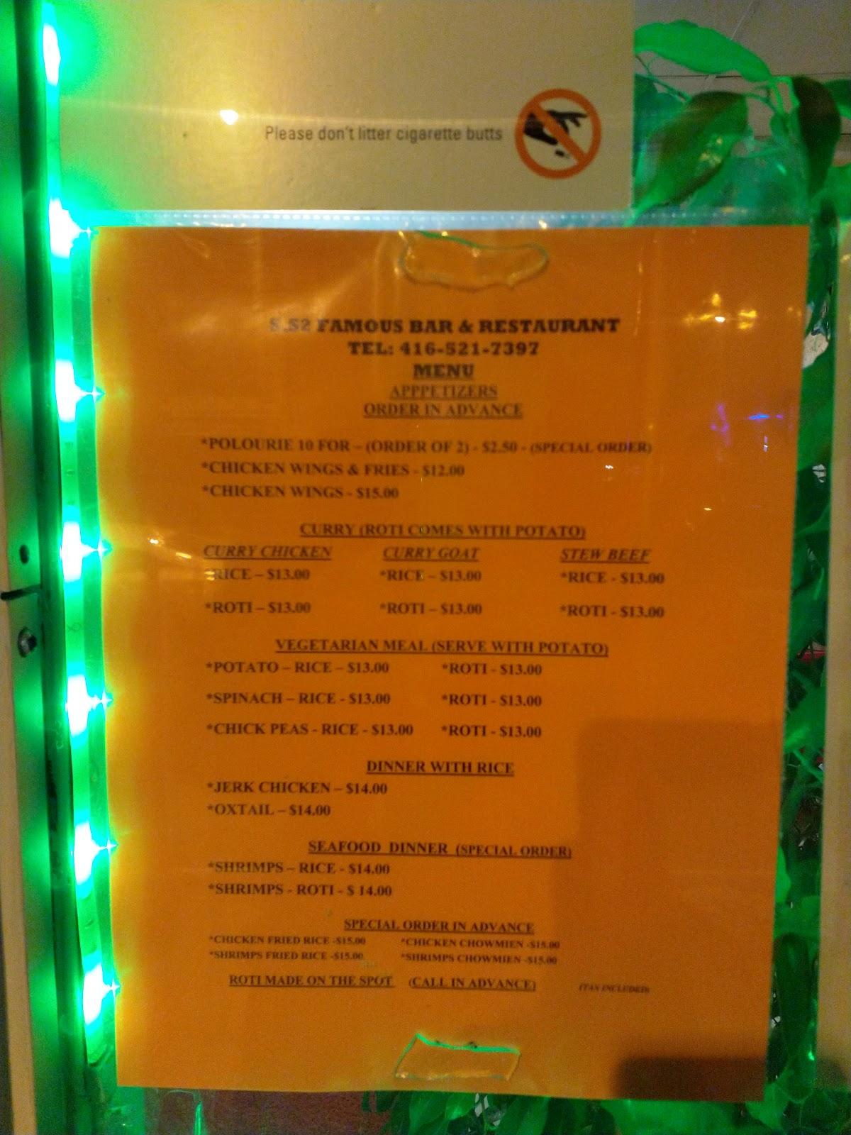 Menu at S.S 2 Famous Bar & Rest.(Curry & Roti), Toronto
