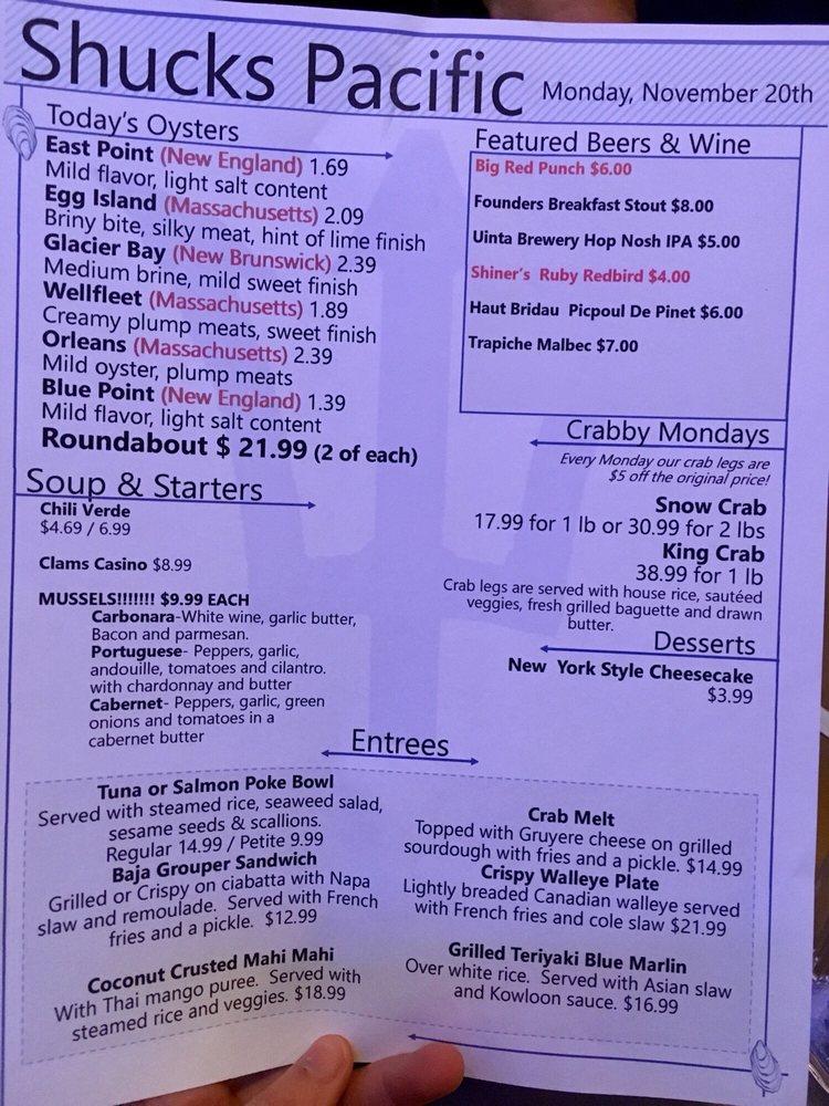 Menu at Shucks Fish House & Oyster Bar, Omaha, S 119th St
