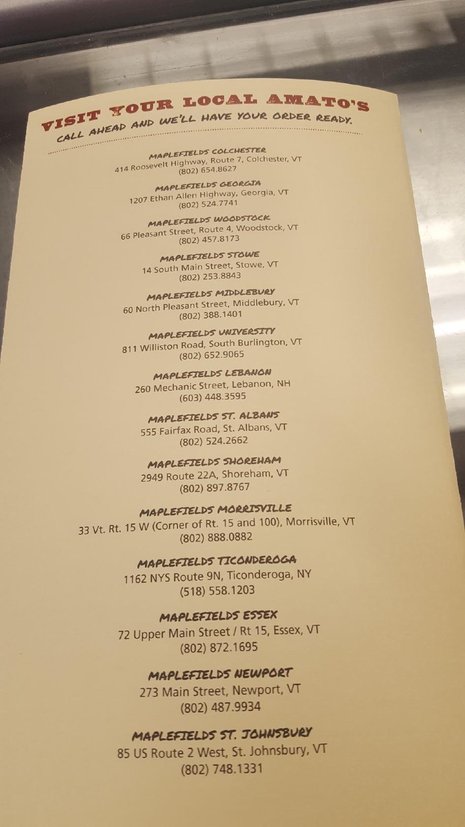 Menu at Amato's Xpress restaurant, Stowe