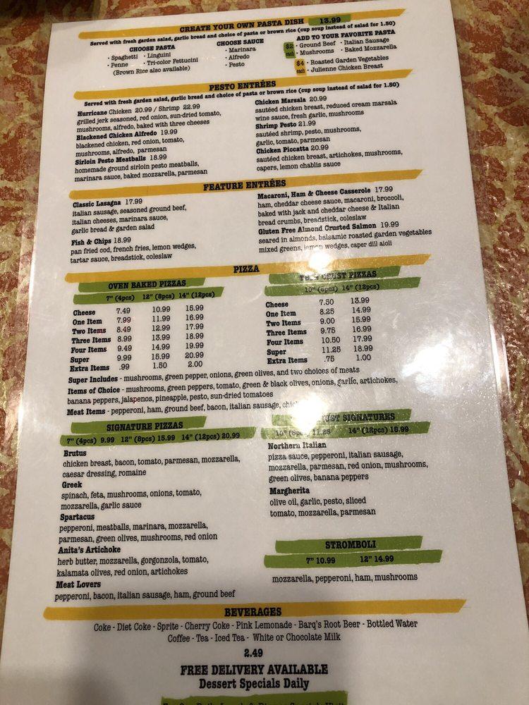 Menu at Pesto's restaurant, Flint