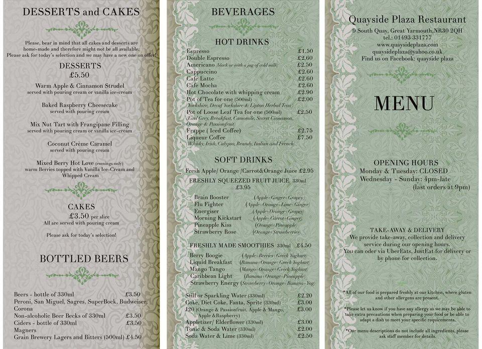 Menu at Quayside Plaza restaurant, Great Yarmouth