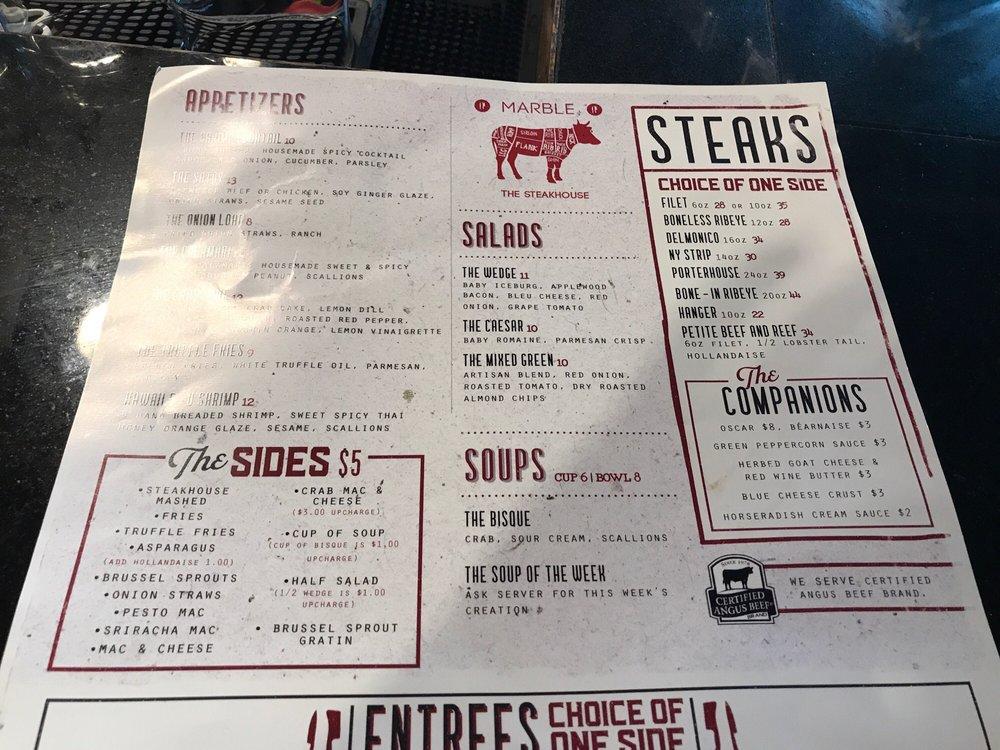 Carta de Marble The Steakhouse, Kokomo