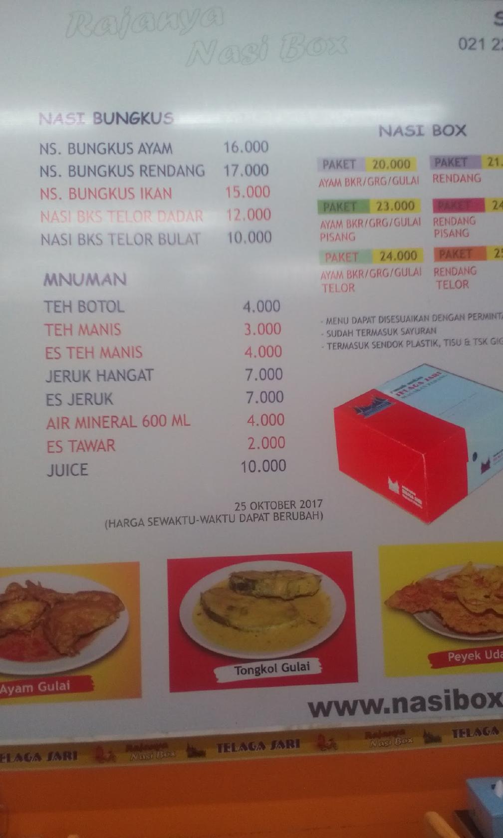 Menu at RM Padang Telaga Sari restaurant, Depok