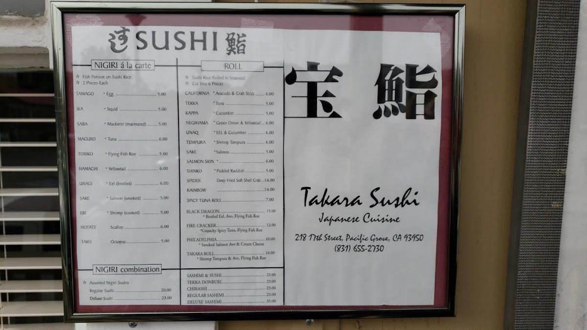 Menu at Takara Sushi Japanese Restaurant, Pacific Grove