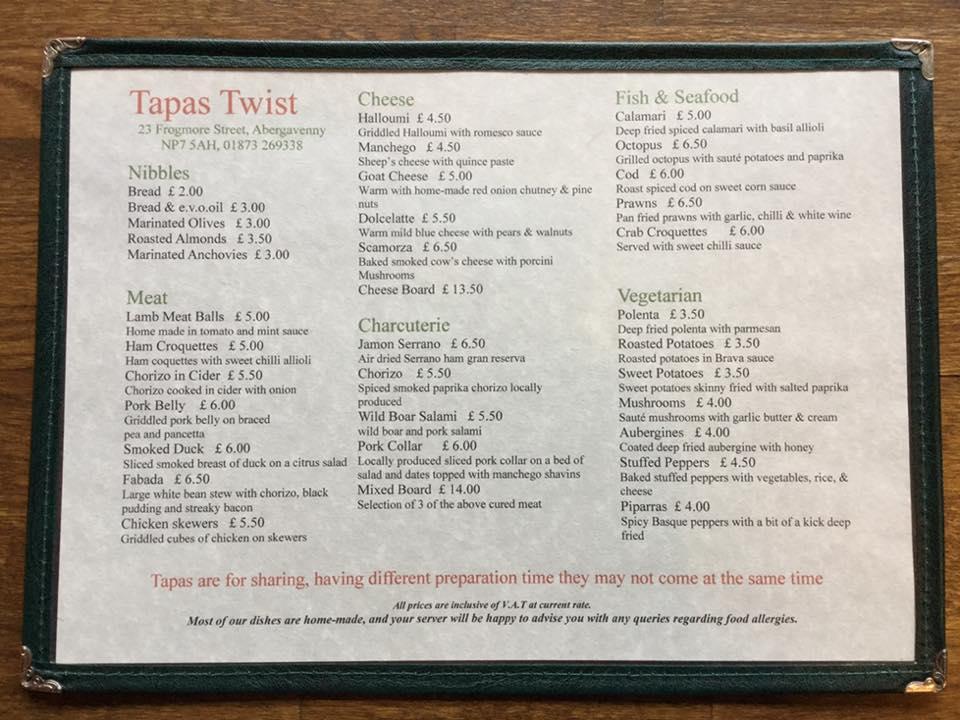 Menu at Tapas Twist restaurant, Abergavenny