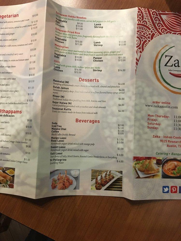 Menu at Zaika Indian Cuisine restaurant, Austin