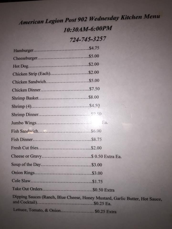 Menu at American Legion Post 902, Houston
