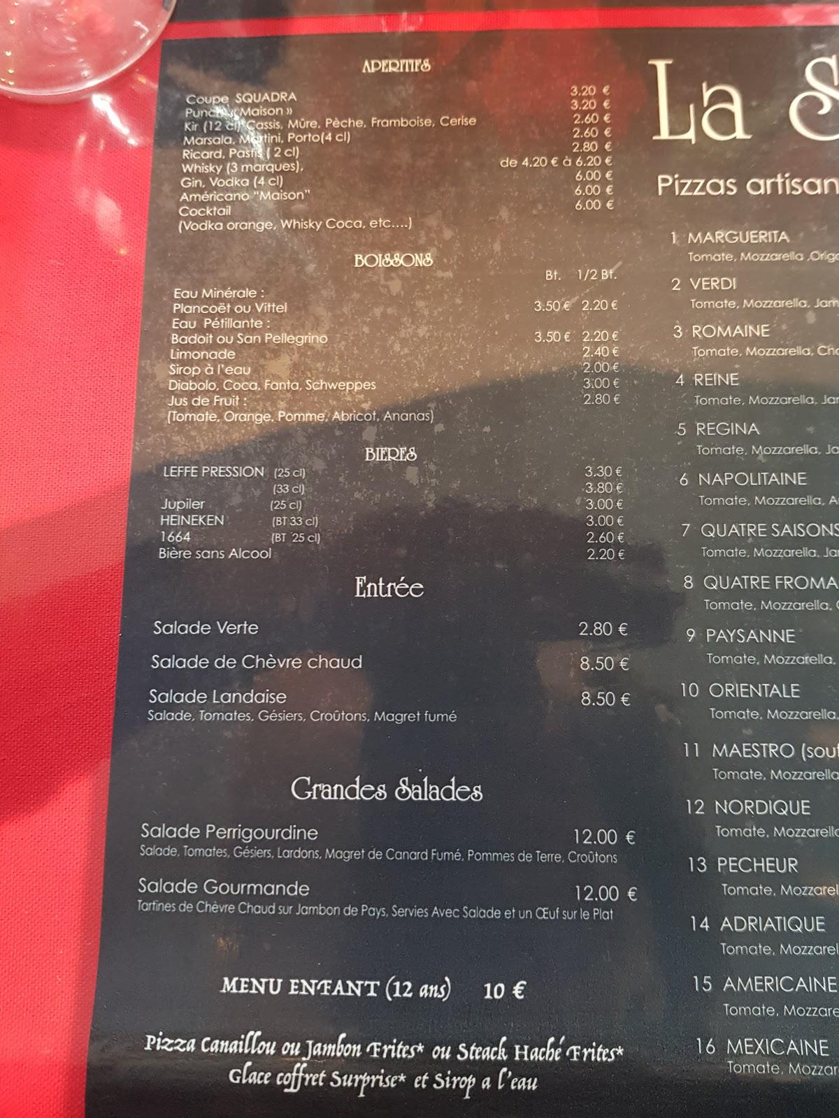 Menu at La Squadra pizzeria, Hédé-Bazouges