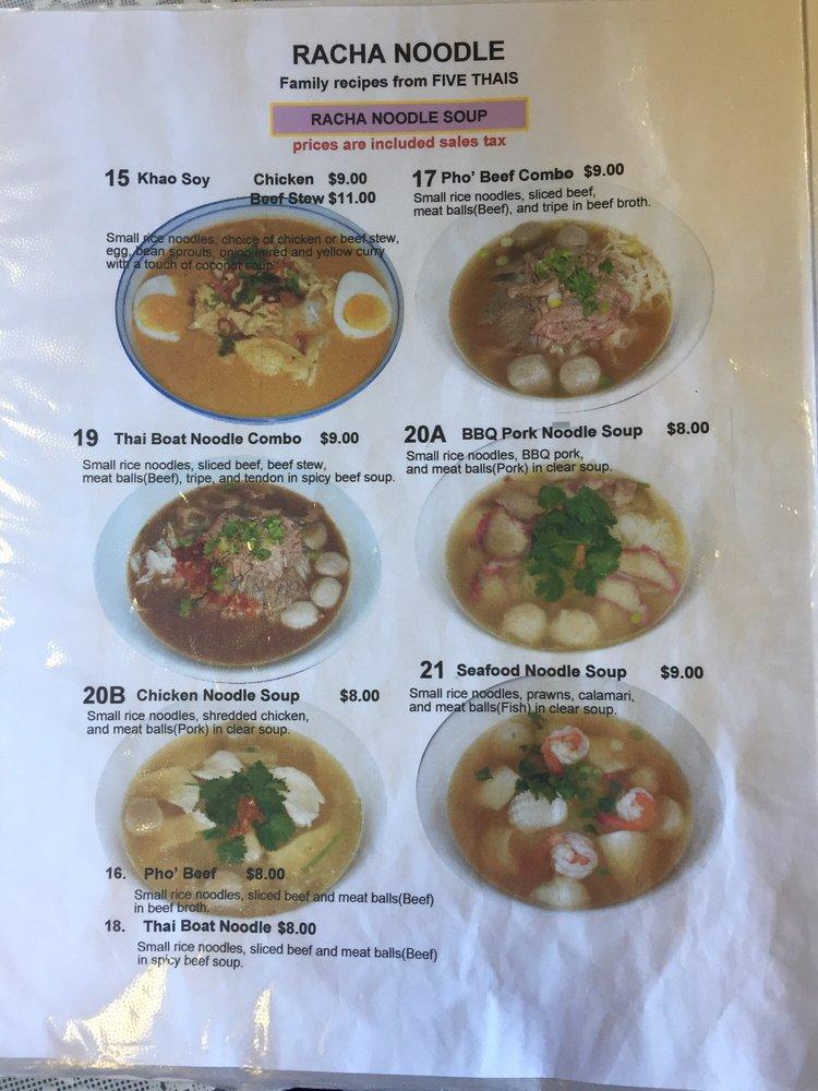 Menu at Racha Noodle restaurant, Redding