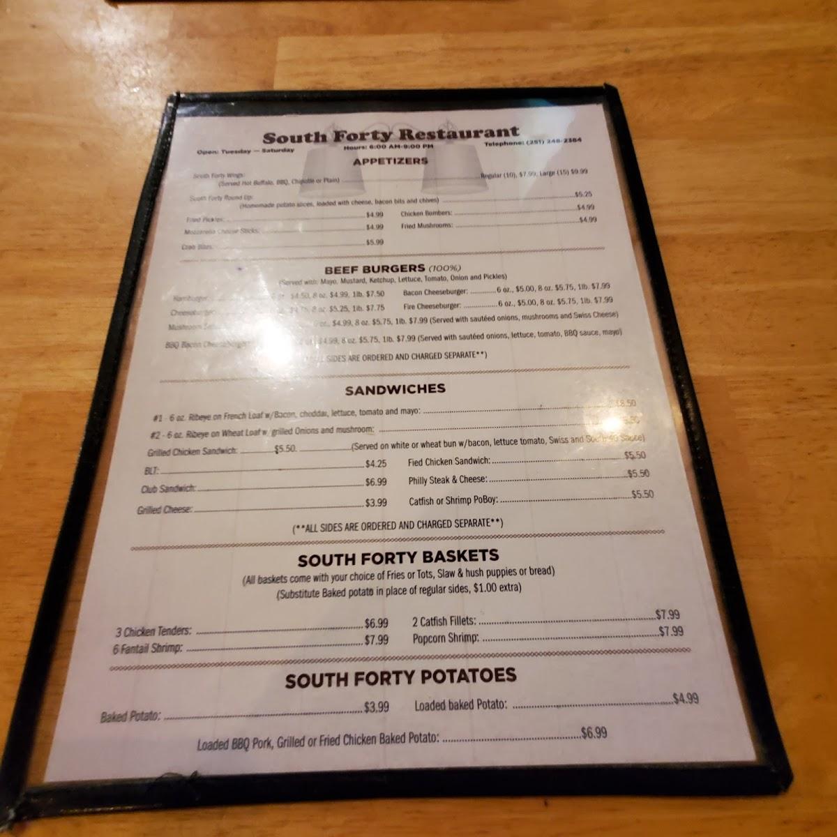 Menu at South Forty Restaurant, Repton