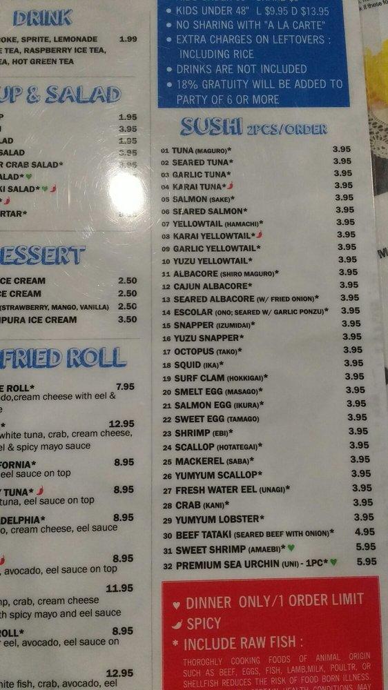 Menu at Sushi Hero restaurant, Las Vegas