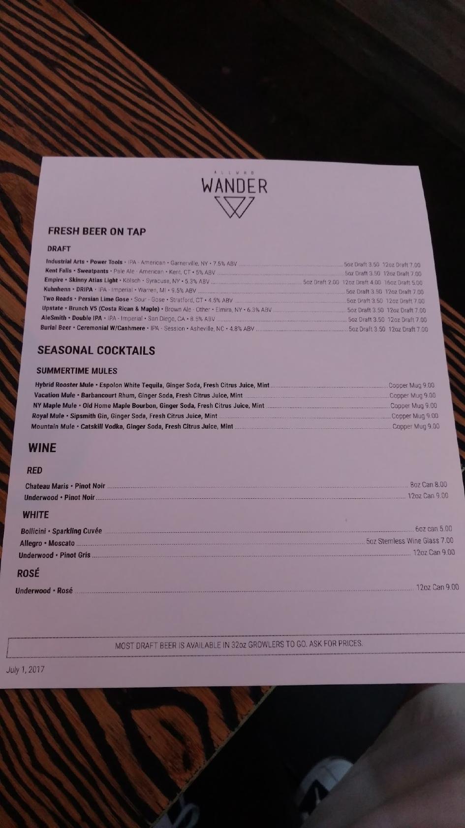 Menu at A.W. Wander pub & bar, Manlius